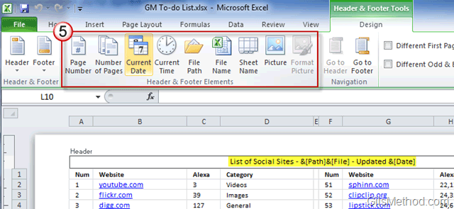 How To Add A Header And Footer To Excel 2010 Spreadsheets GilsMethod